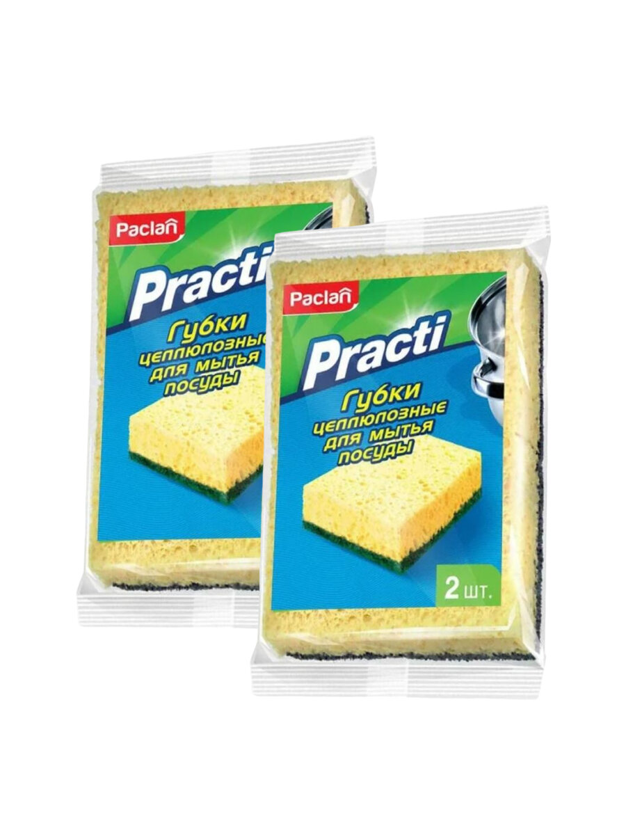 Губки Paclan для посуды, целлюлоза, абразивный слой, универсальные, 2 шт, желтые