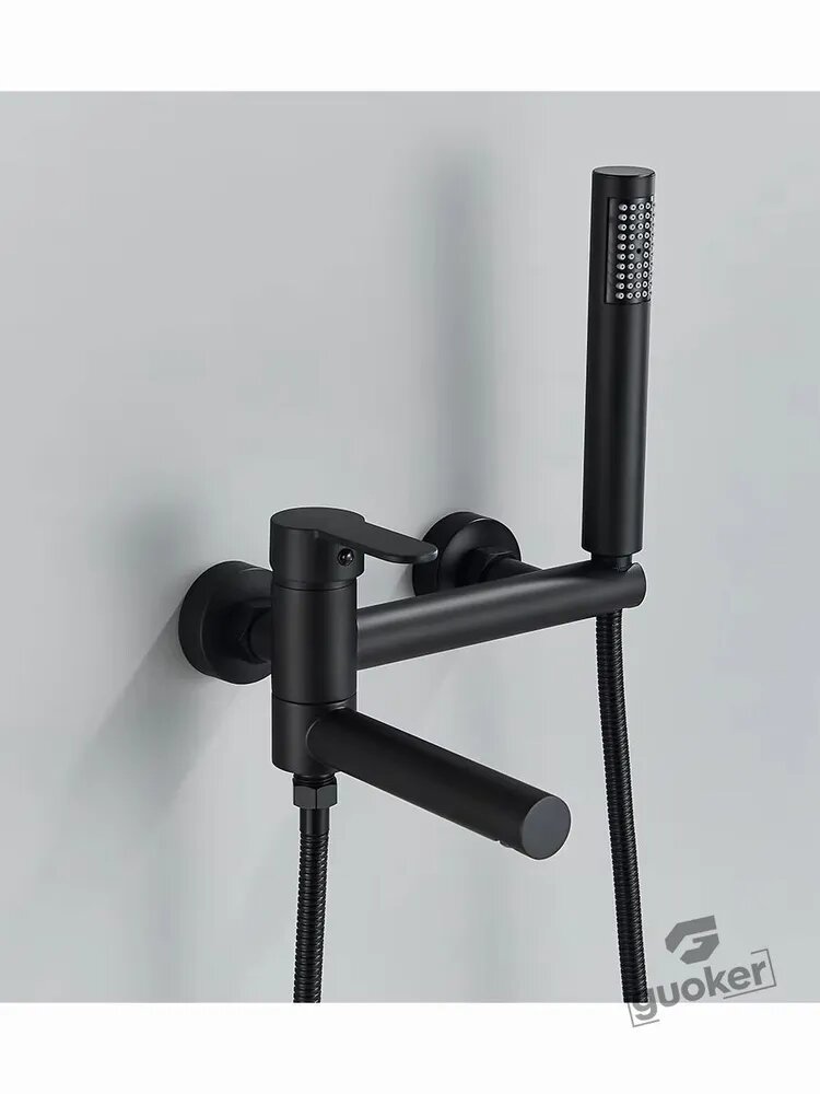 Смеситель для ванны и душа с длинным изливом черный, для душа, на стену