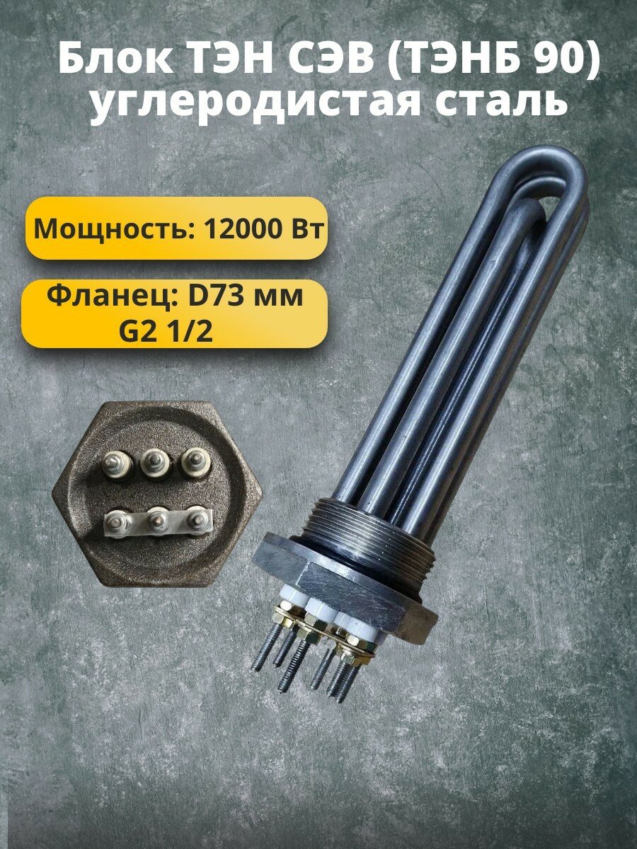 Блок ТЭН СЭВ 12 кВт (ТЭНБ 90) D73 (G2 1/2"), 220/380 В, угл. сталь