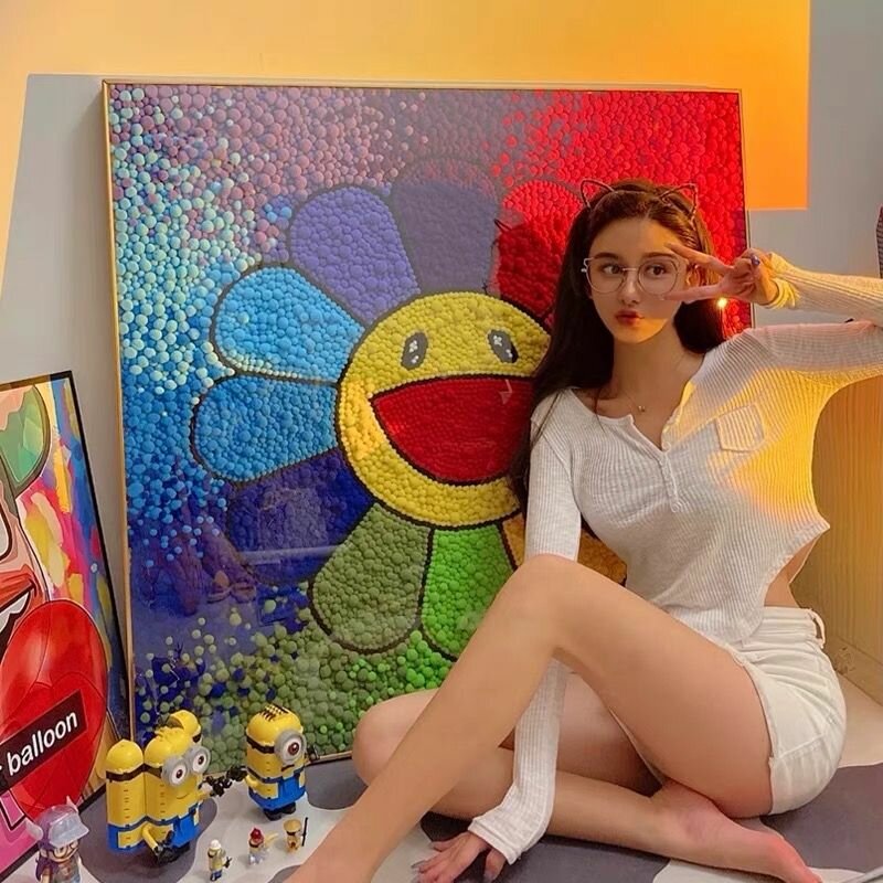 Картина из помпонов в стиле Сяохуншу с подсолнухами от Такаши Мураками, ручная работа, подарок на день рождения, картина из помпонов своими руками.