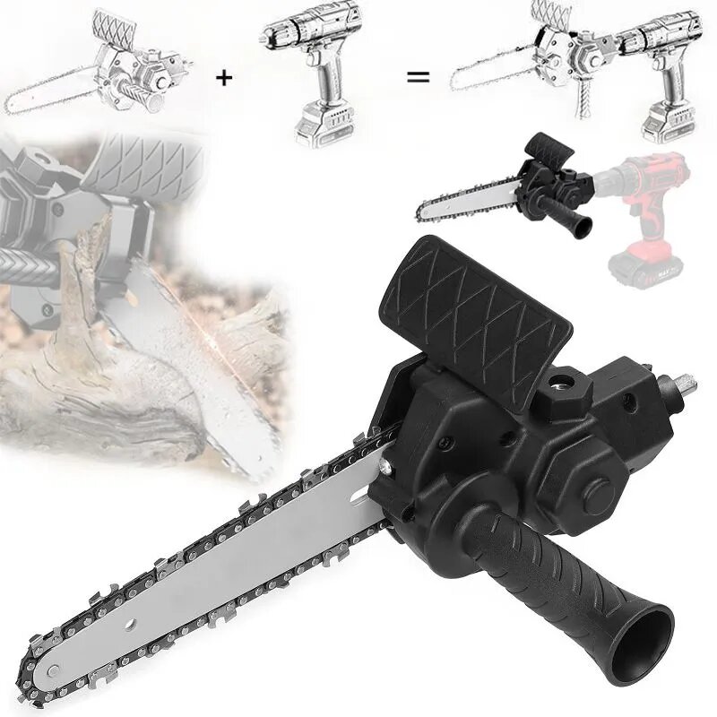 Мини пила для дерева цепная работает при помощи дрели, насадка пила на шуруповерт, длина полотна цепи 6 дюймов