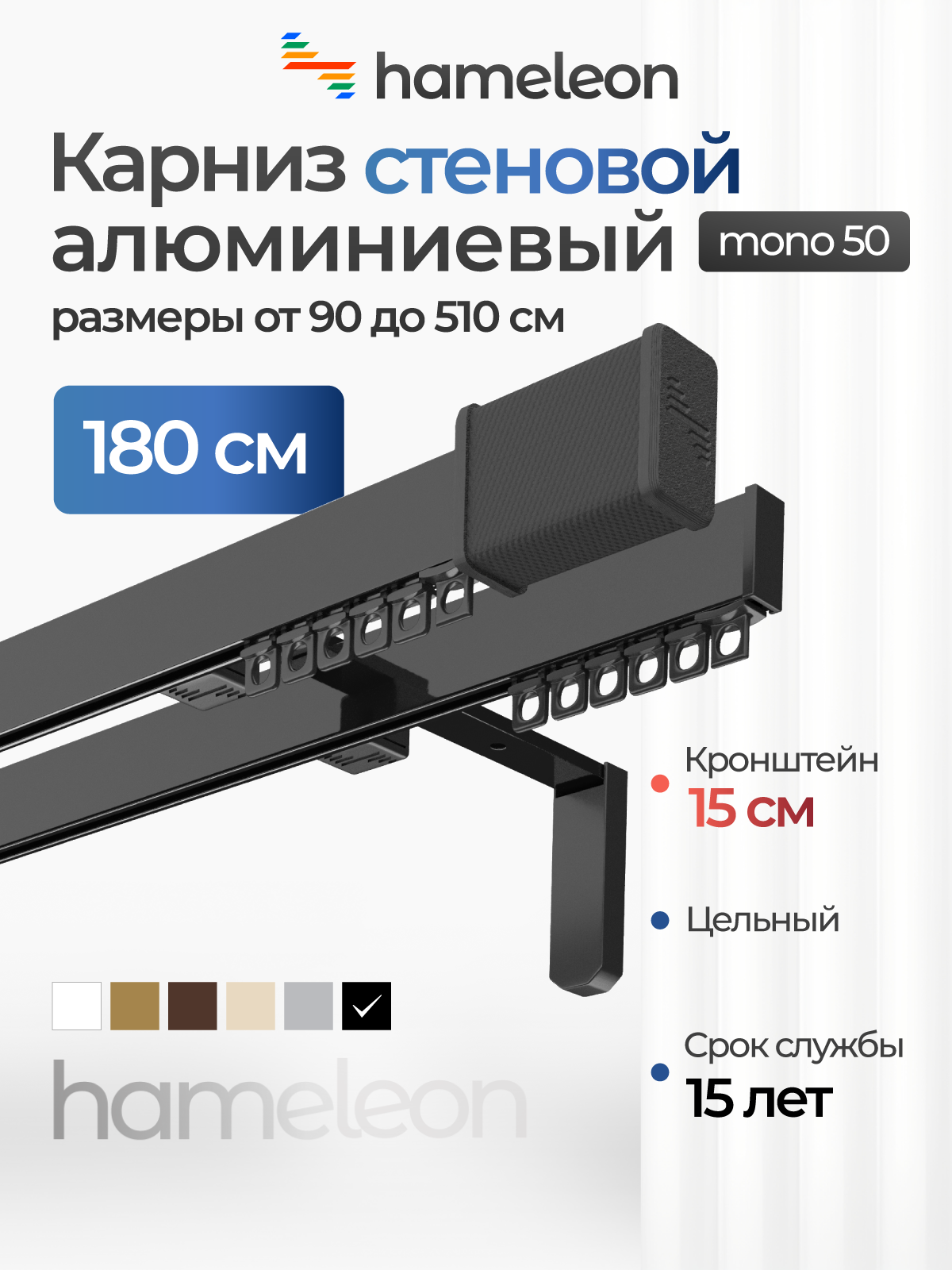 Карниз для штор хамелеон моно 50 с наконечниками, двухрядный, настенный, черный, 180см, алюминиевый, кронштейны 15