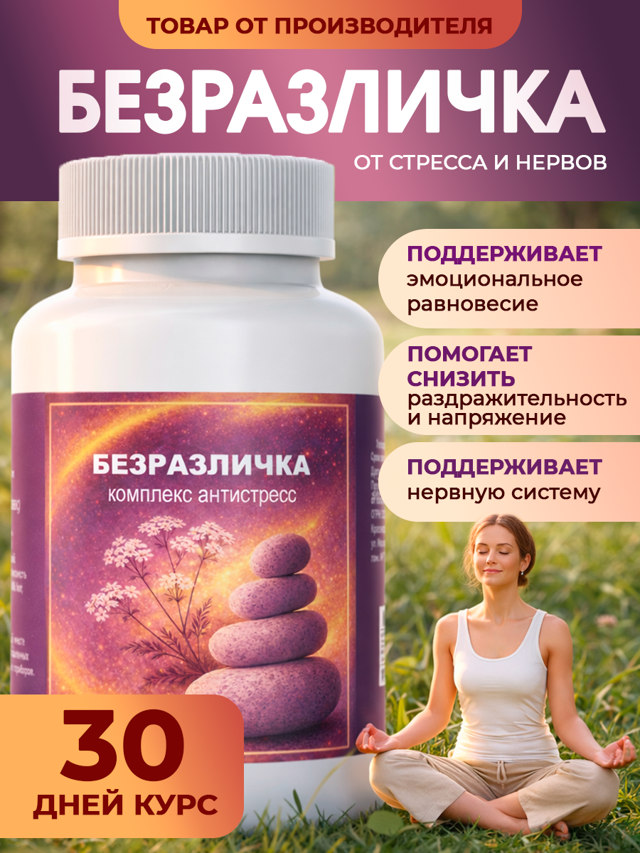 Комплекс антистресс Безразличка, натуральный состав, банка, 60 капсул