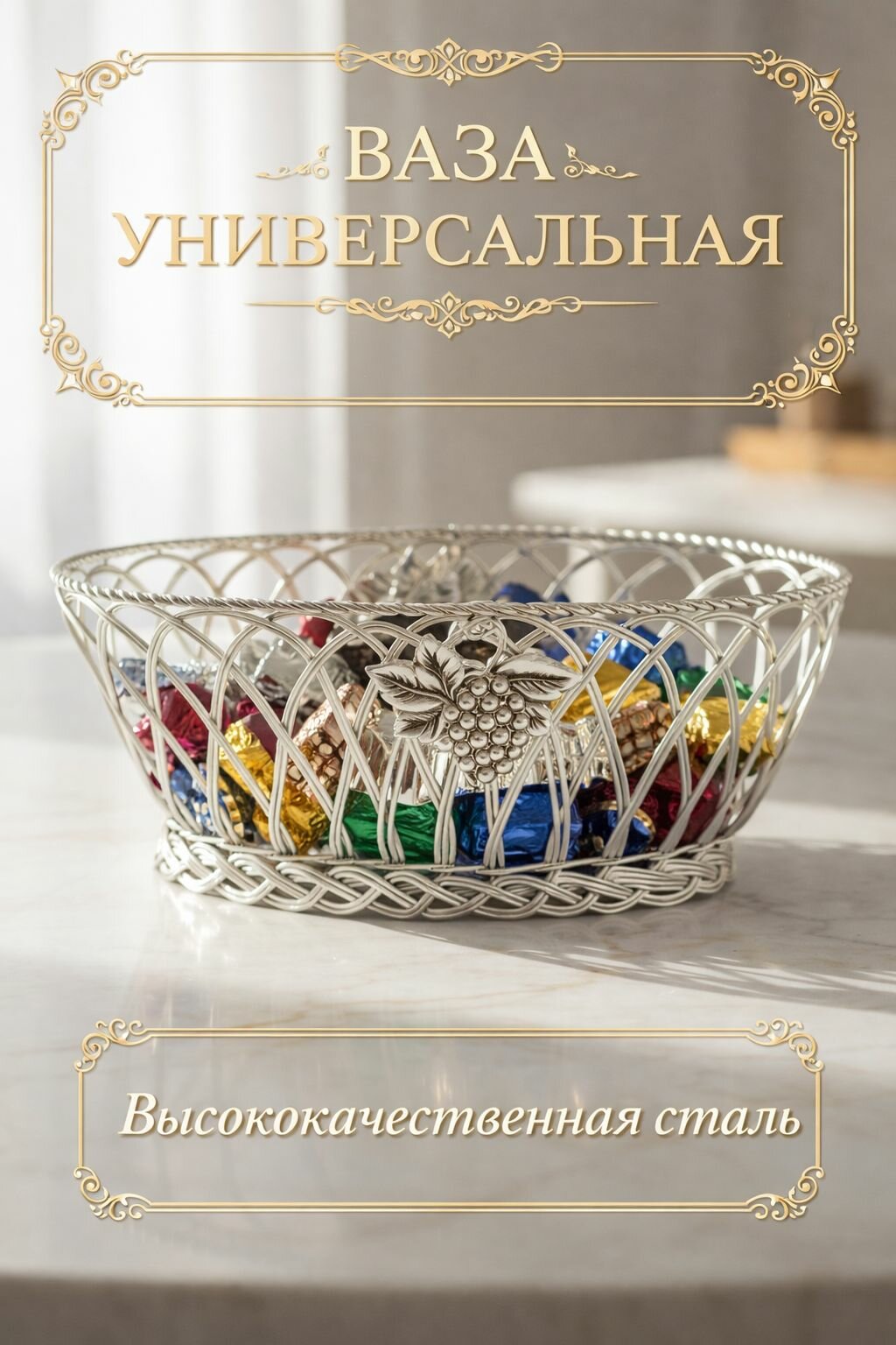 Конфетница хлебница корзинка на стол для хлеба и пирожков, сухарница серебряная металлическая.