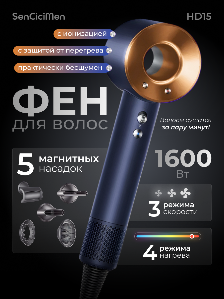 Фен для волос SenCiciMen Super Hair Dryer HD15 Golden Blue