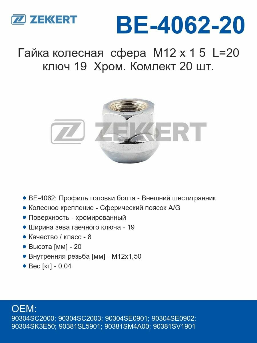 Zekkert Гайка колесная сфера M12 x 1,5 L 20 ключ 19 Хром. Комплект - 20 шт.
