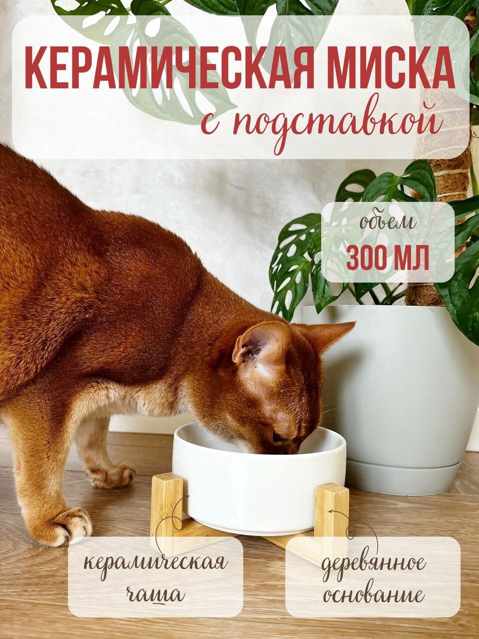 Миска Qalla, керамическая, на бамбуковом основании, 300мл, белая