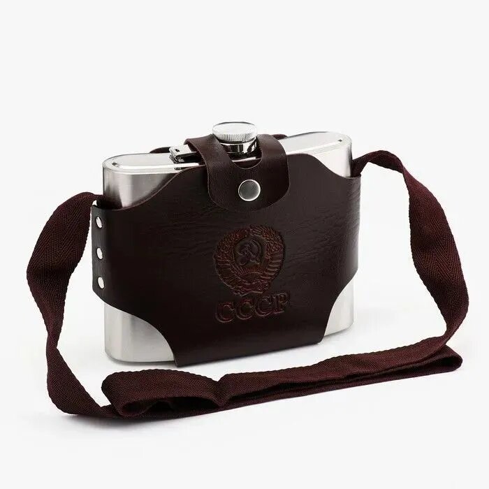 Фляга 900 мл бордового цвета с кожаным чехлом и ремнем, советская символика