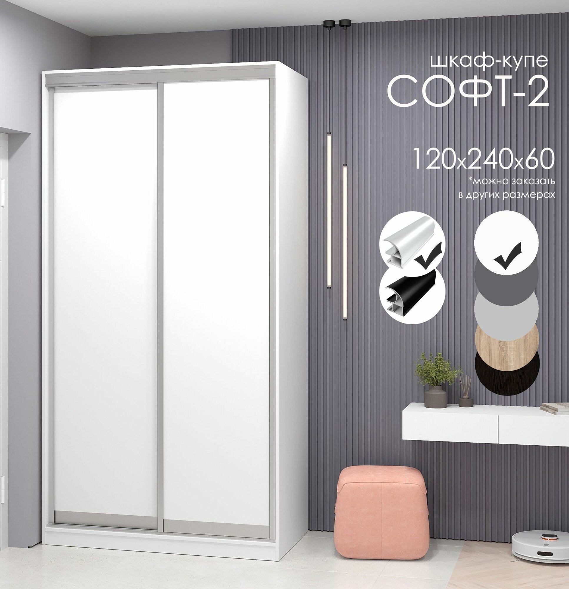 Шкаф-купе СОФТ-2, 120*240*60, белый гладкий, без зеркал, серебро матовое, платье/белье