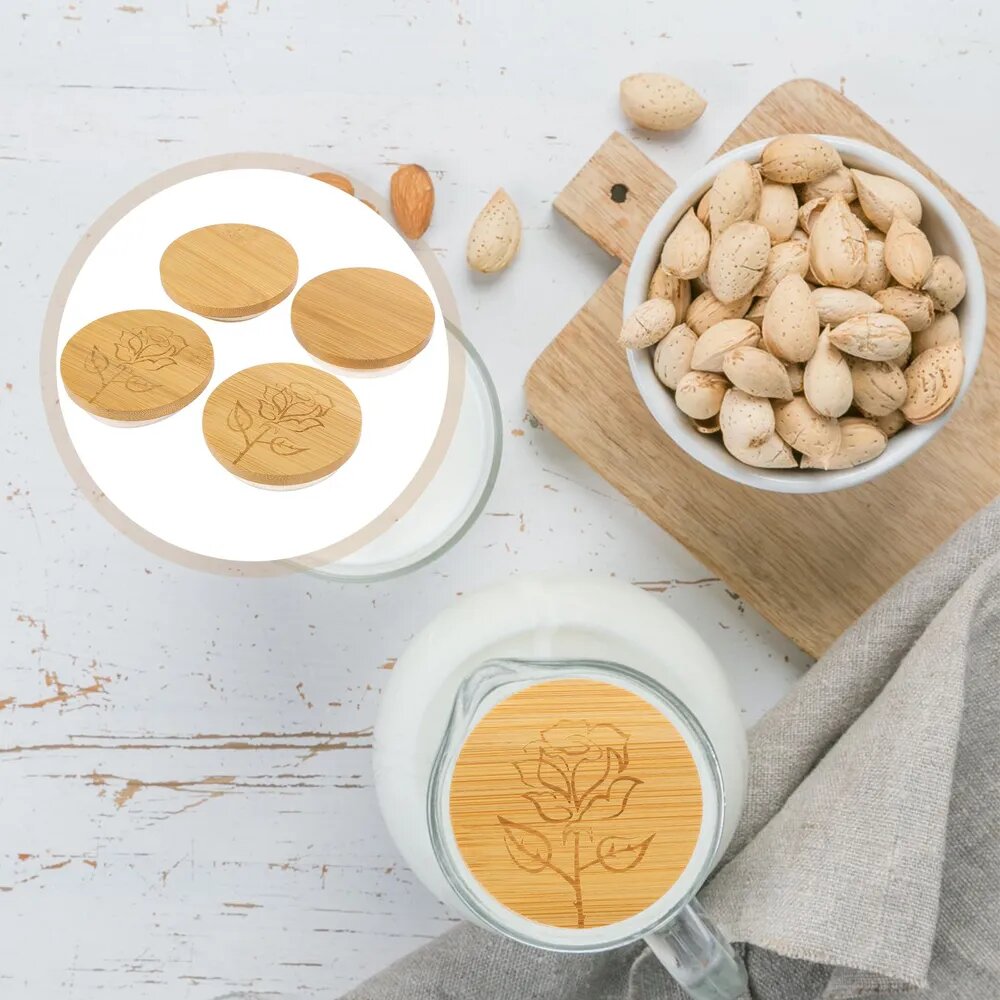 Крышки одноразовые бамбуковые для банки с гравировкой розы для молока