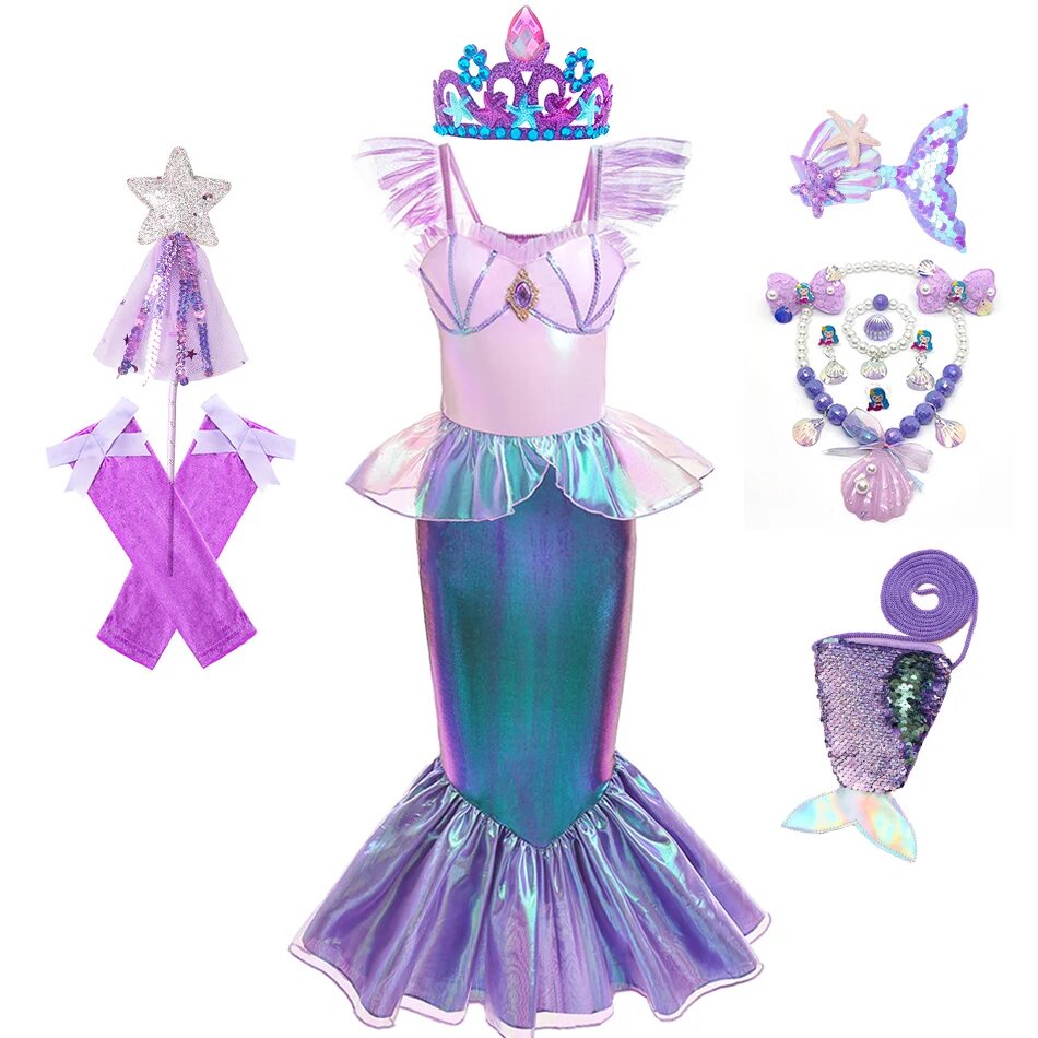 Платье Русалочки маленькой девочки, детский костюм Ариэль для косплея, тематический костюм принцессы на Хэллоуин, яркая детская одежда для карнавала
