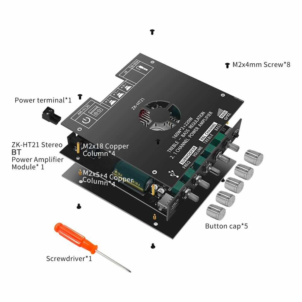 Модуль цифрового усилителя мощности Bluetooth ZK-HT21, 2,1 канала, TDA7498E с интенсивными высокими и низкими тонами