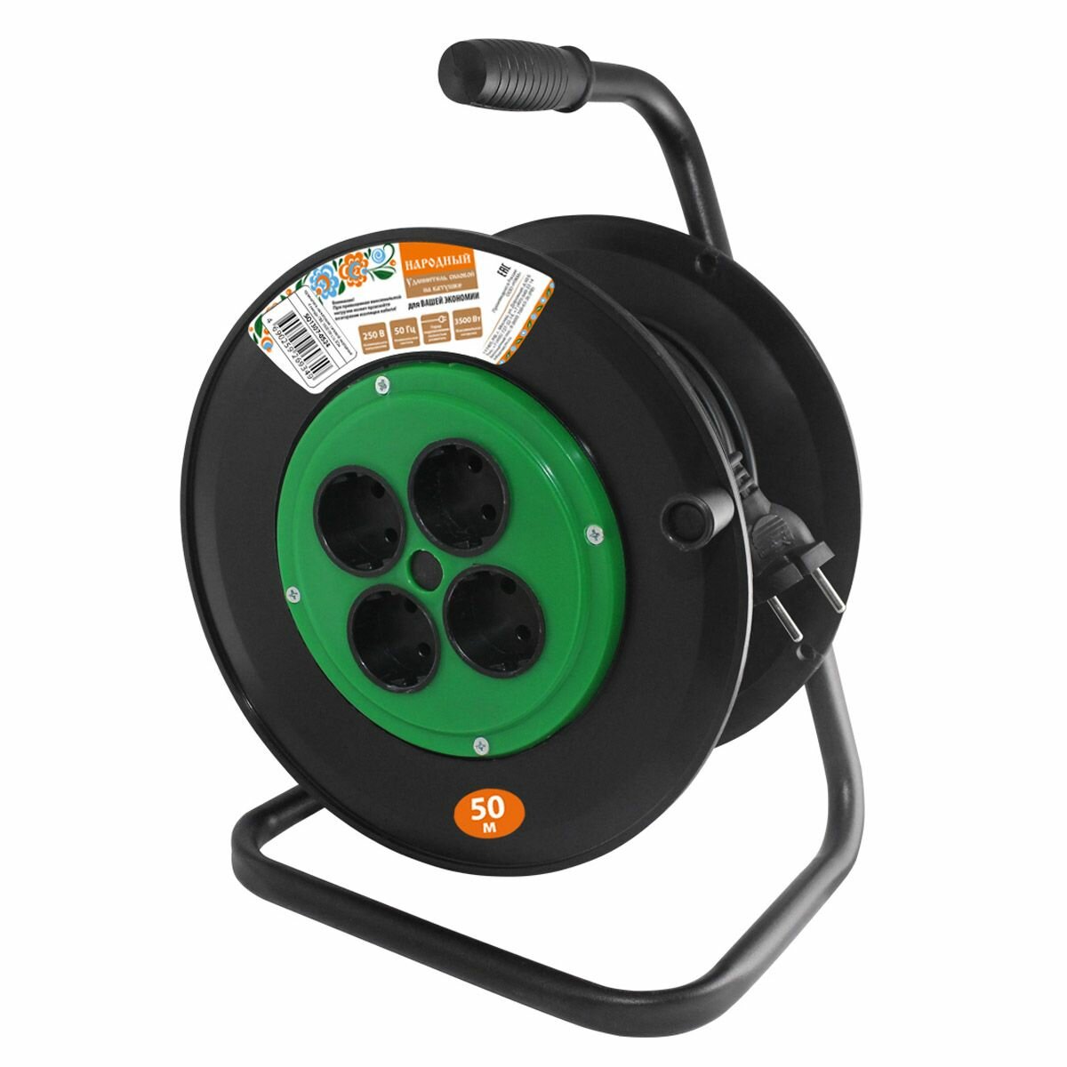 Удлинитель Tdm electric 4 розетки, 50 м, с заземлением, катушка, ПВС 3х1.5, 16 А, мощность нагрузки 3500 Вт, Народный SQ1307-0524