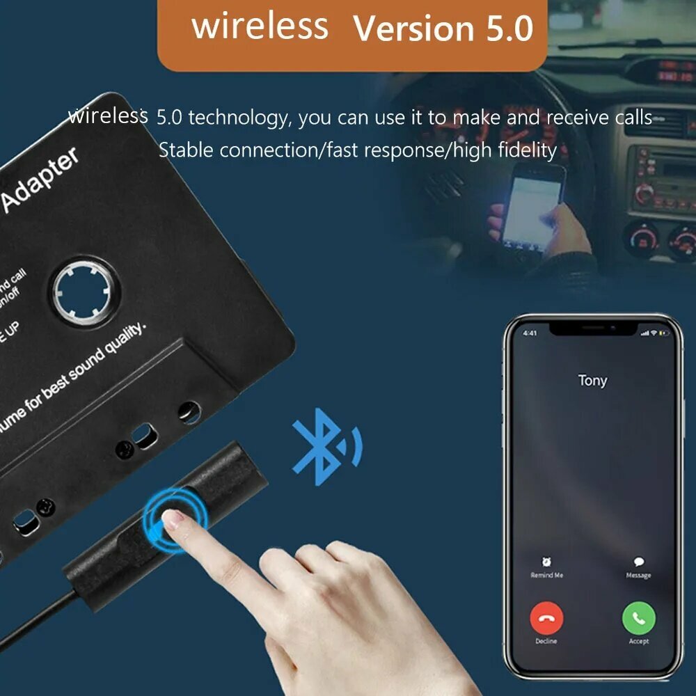 Bluetooth 5.0 адаптер для кассетных магнитол с микрофоном и AUX-выходом