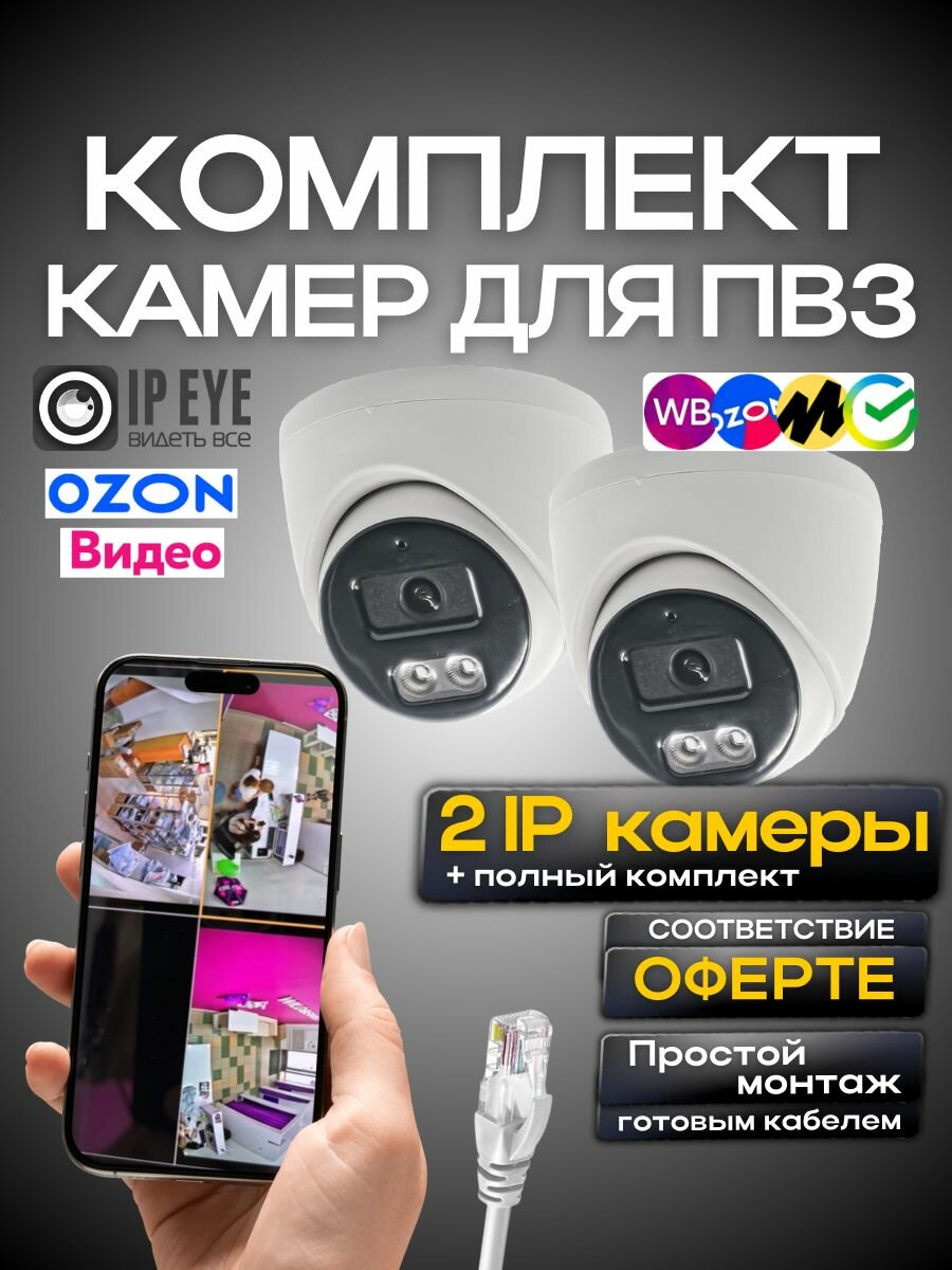 Комплект IP видеонаблюдения для ПВЗ с поддержкой OzonВидео, с записью в облако, 2 камеры