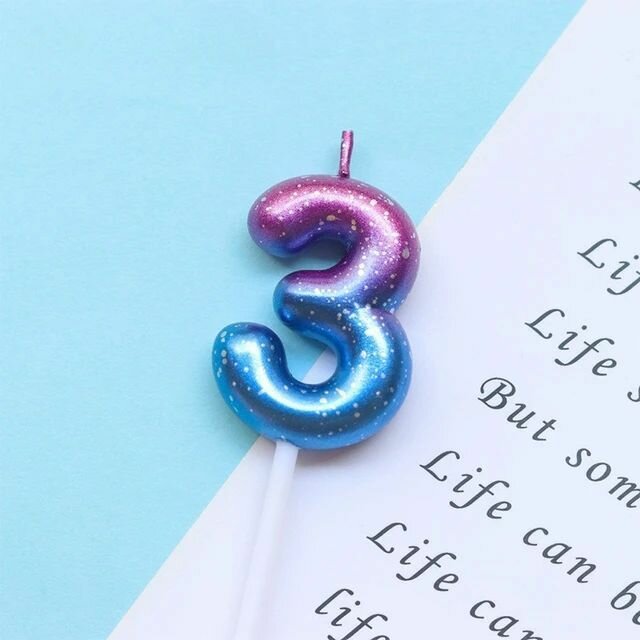 Свеча для торта Yiwu цифра 3, фиолетовый космос, на шпажке