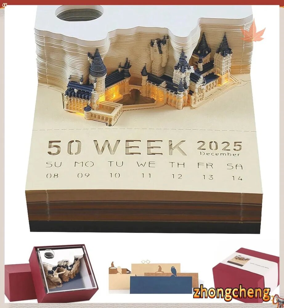 Kiboule 3D Календарь 2025 Hogwarts Architecture Book Art Calendar 50 Week Table Calendar With Light