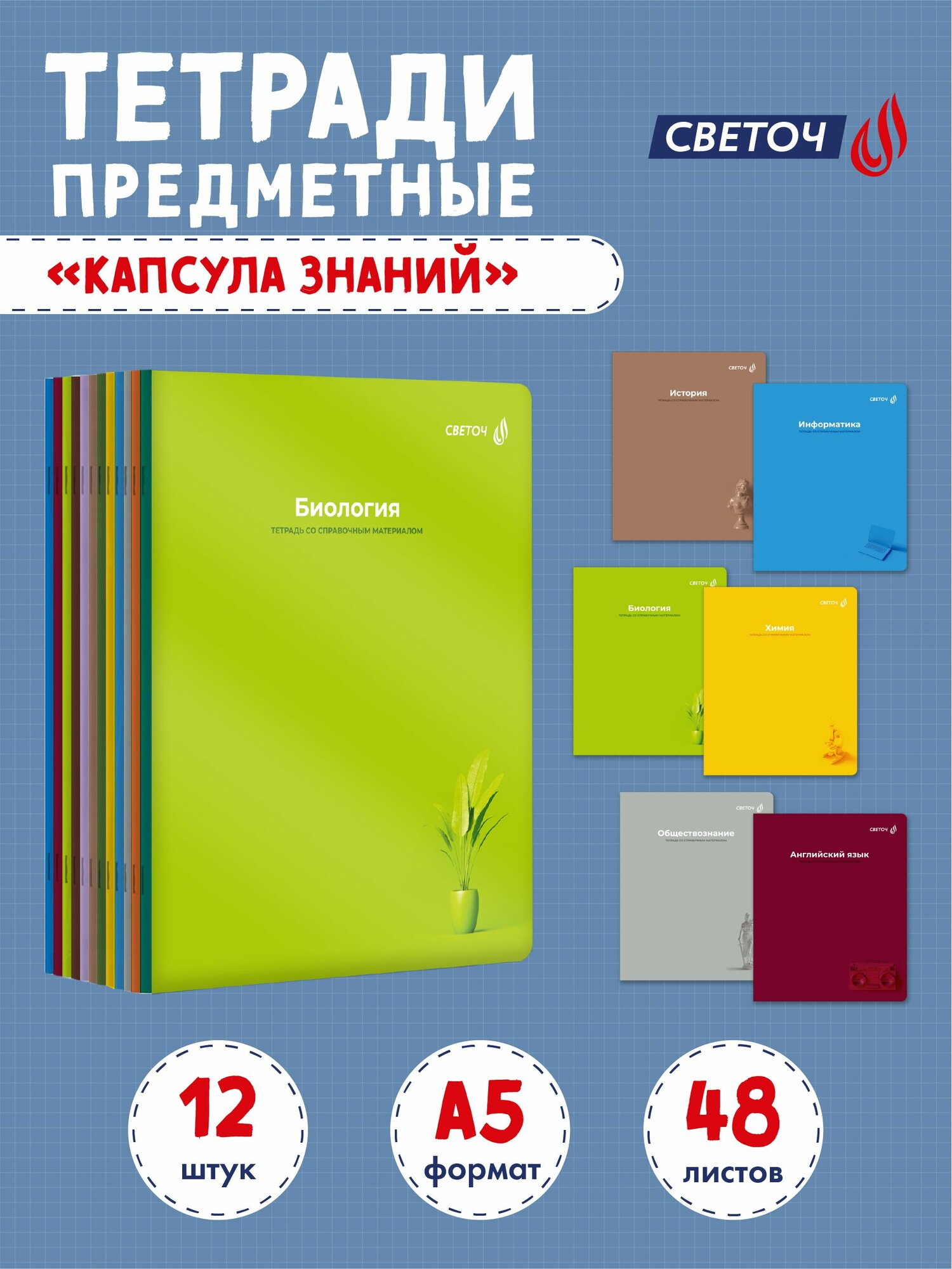 Тетради предметные 12 штук комплект 48 листов в клетку/линия Светоч со справочным материалом "Капсула знаний", 12 предметов
