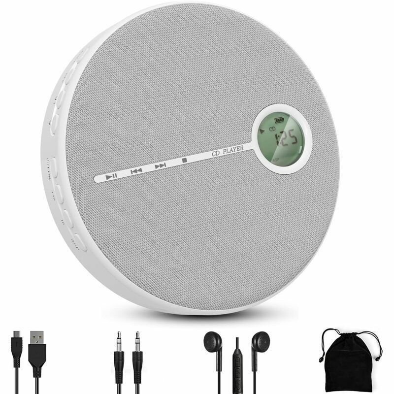 Компактный перезаряжаемый CDплеер с Bluetooth, премиум комплектация включает наушники и пару стереодинамиков
