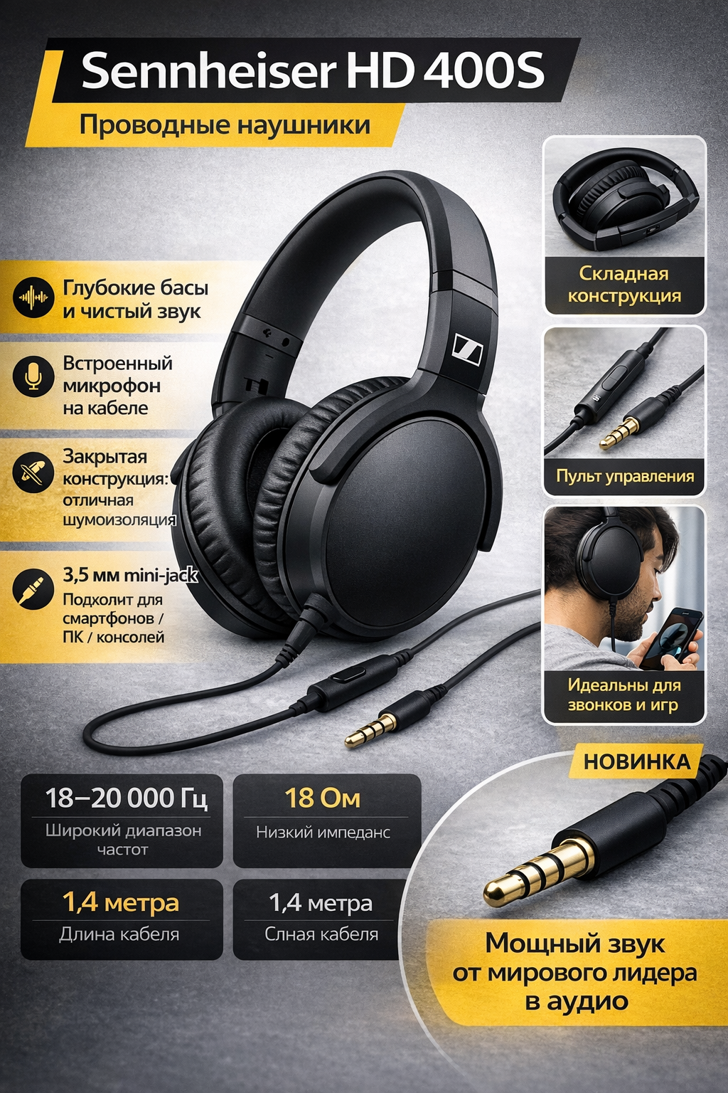 Наушники Sennheiser HD400s, проводные, звук, микрофон, чёрные