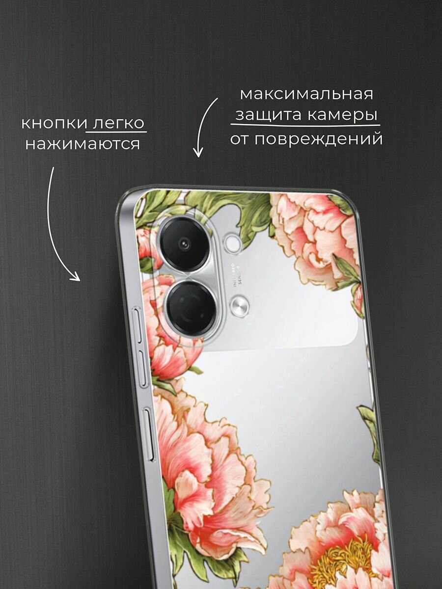 Чехол на Tecno Spark Go 3 / Текно Спарк Го 3 с принтом Персиковая рамка пионов, прозрачный — фото 1