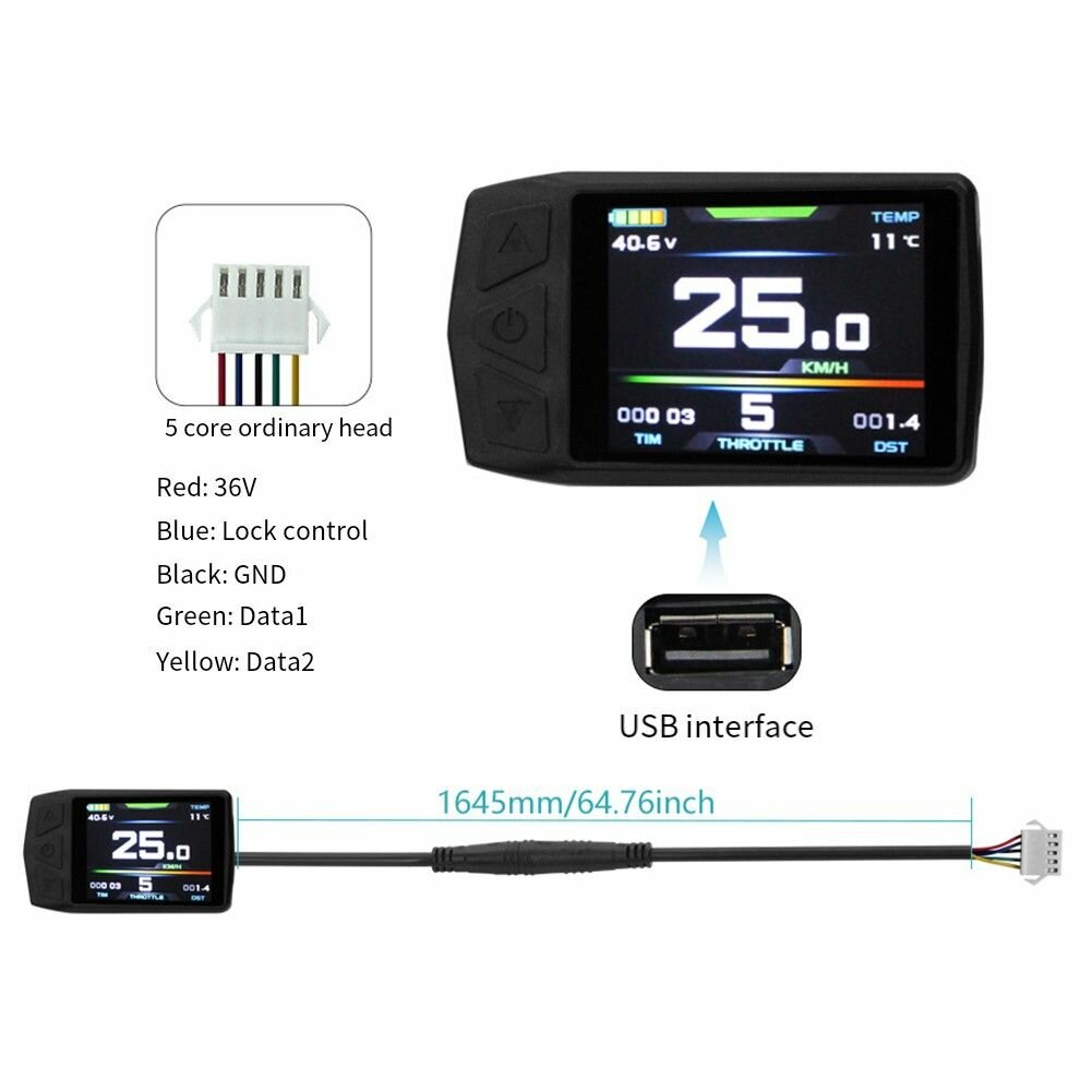 Дисплей для электровелосипеда KT TF01, цветной LCD-экран с USB-портом зарядки, совместим с контроллерами KT (24/36/48 В)
