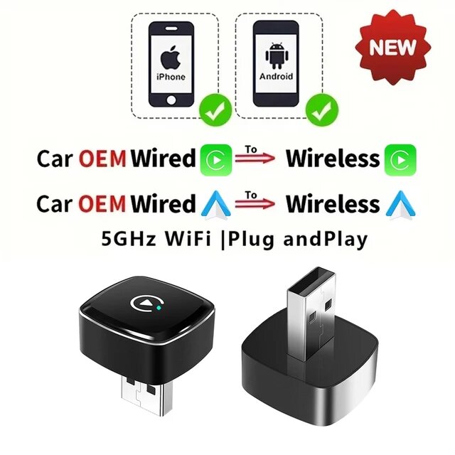 Миниатюрный беспроводной адаптер CarPlay 2-в-1 для автомобилей Android и Apple, подключаемый к беспроводному блоку AI с USB-соединением, подходит для автомобилей Volvo, MG, Kia, Chery, Toyota и других моделей.