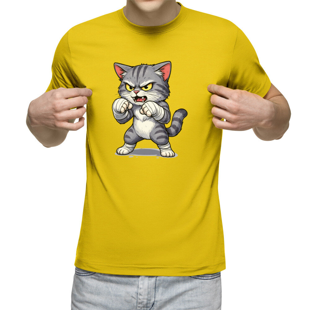 Мужская футболка «Кот боксёр» (желтый, 2XL)