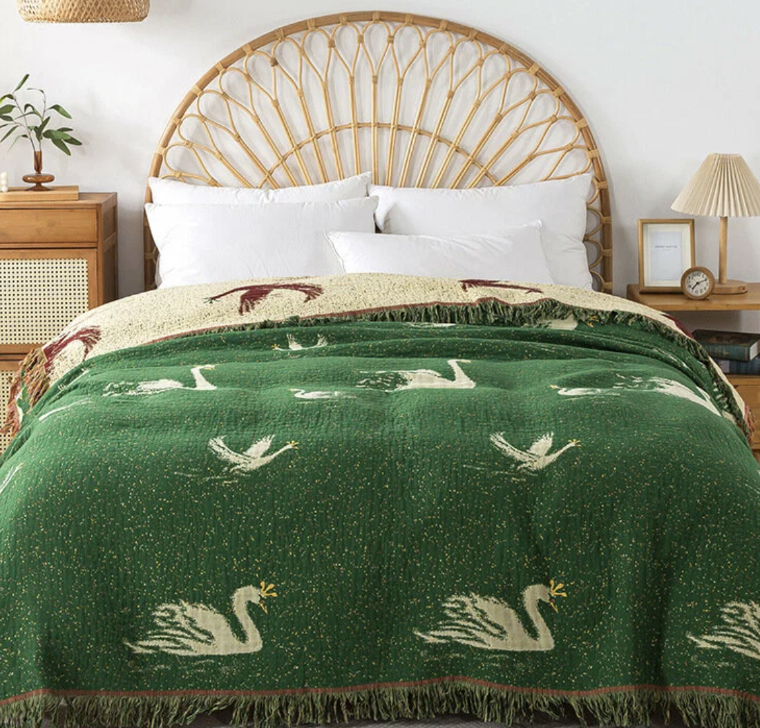 Зимнее ретро-одеяло с кисточкой, с рисунком лебедя, 200*230 см