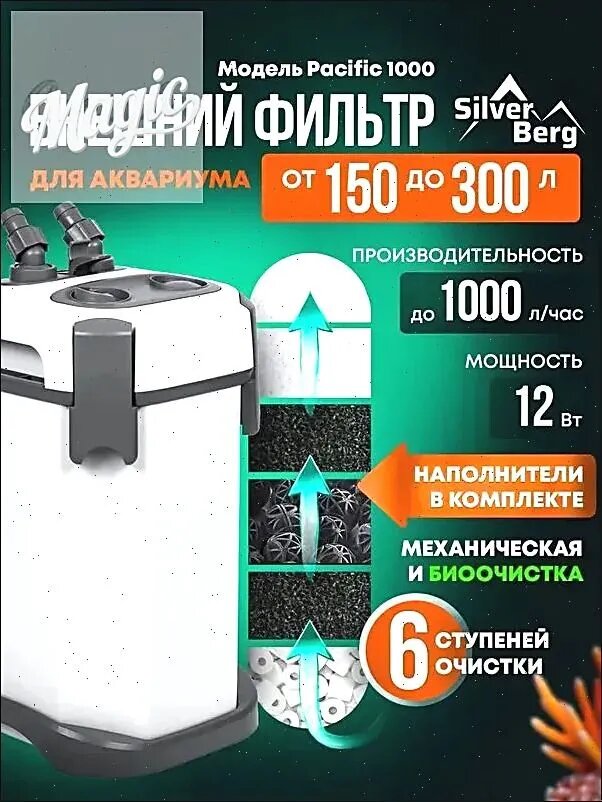 Внешний канистровый фильтр Silver Berg Pacific 1000 для аквариумов 150-300л с аэрацией