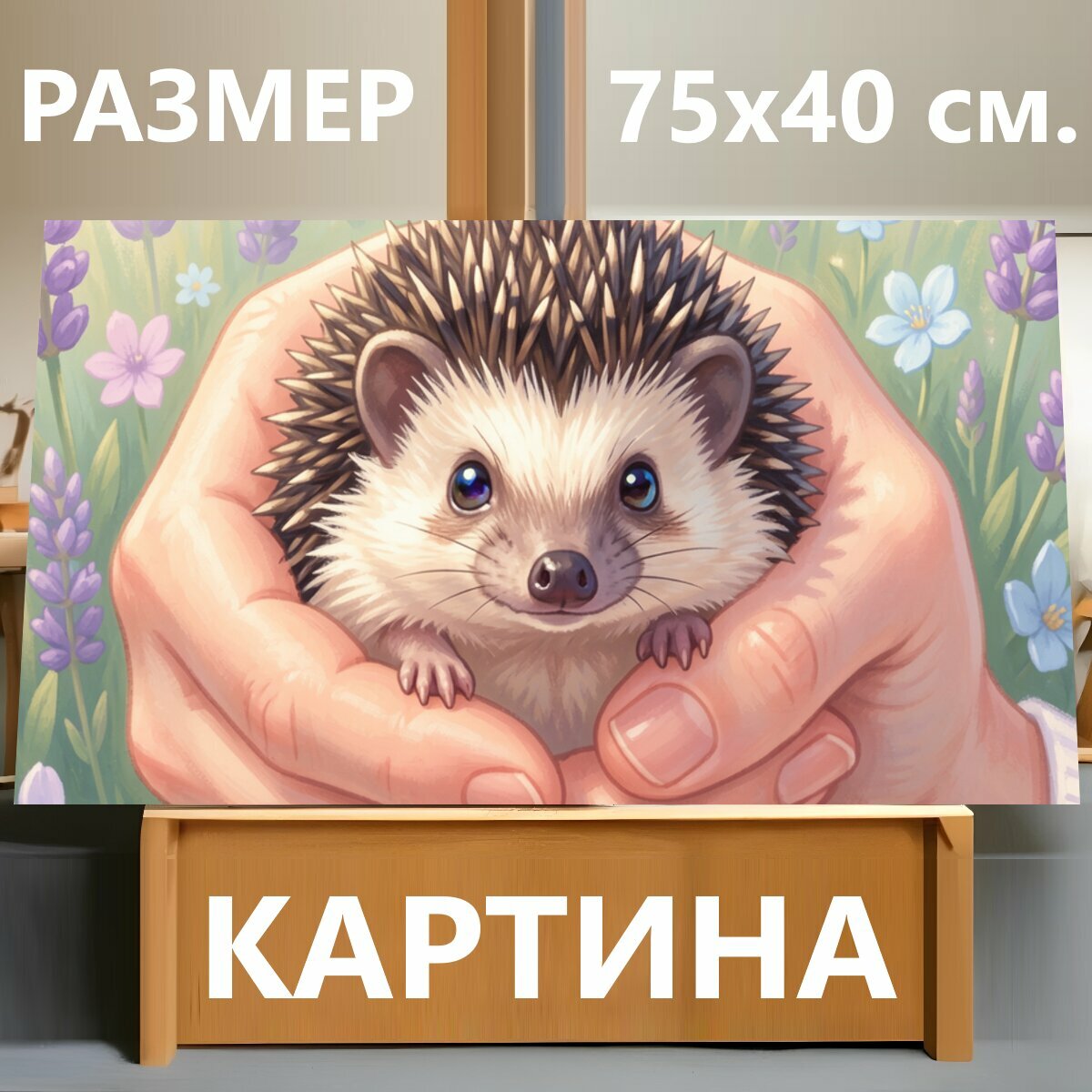 Картина на холсте "Ёжик в ладонях среди цветов. Милый лесной зверёк в нежных руках на фоне цветущего луга с лавандой и полевыми цветами." на подрамнике 75х40 см. для интерьера