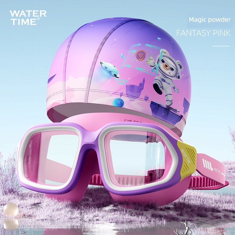 Детские плавательные очки и шапочка WaterTime, Пастельный розовый + Шапочка Зайчик, Антизапотевание, УФ-защита, для