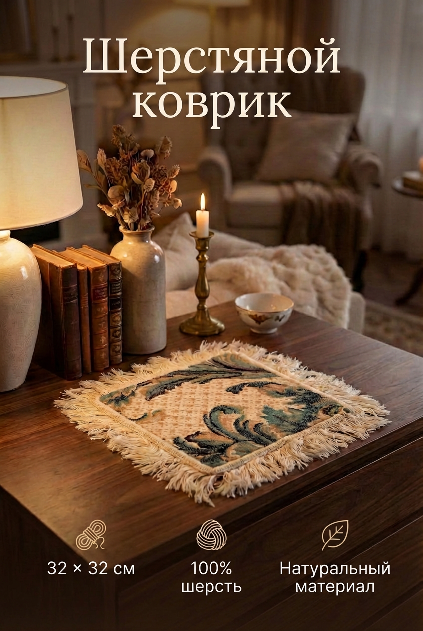 Коврики на табурет и стул, сидушка, 100% шерсть, размер 32х32 см, набор 2 штуки