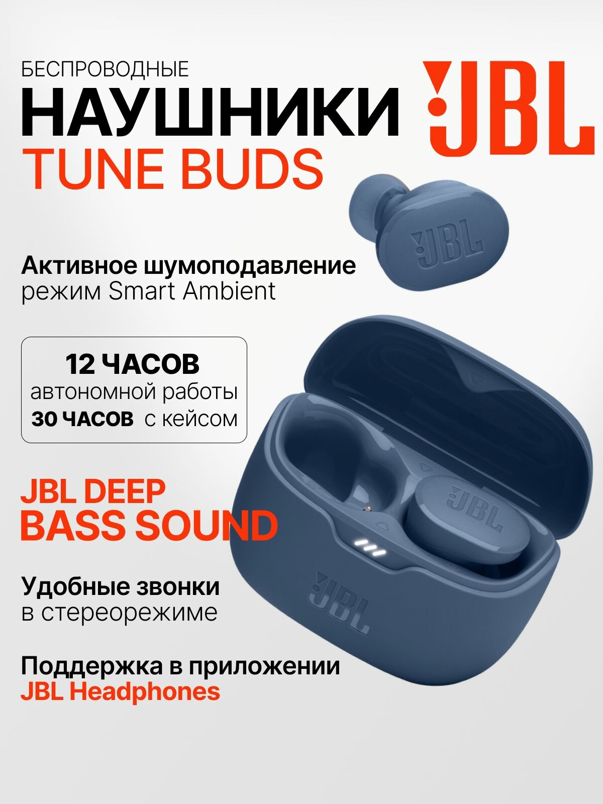 Беспроводные наушники JBL Tune Buds, с активным шумоподавлением, multipoint, внутриканальные наушники, синие
