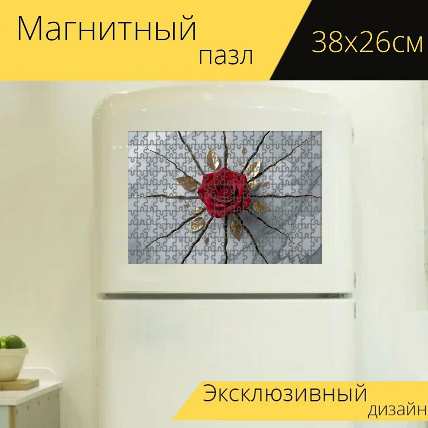 Магнитный пазл "Красная роза на мраморе. Эффектная композиция с алым бутоном в центре, золотыми листьями и трещинами на светло-сером мраморном фоне." для интерьера, 38х26 см.