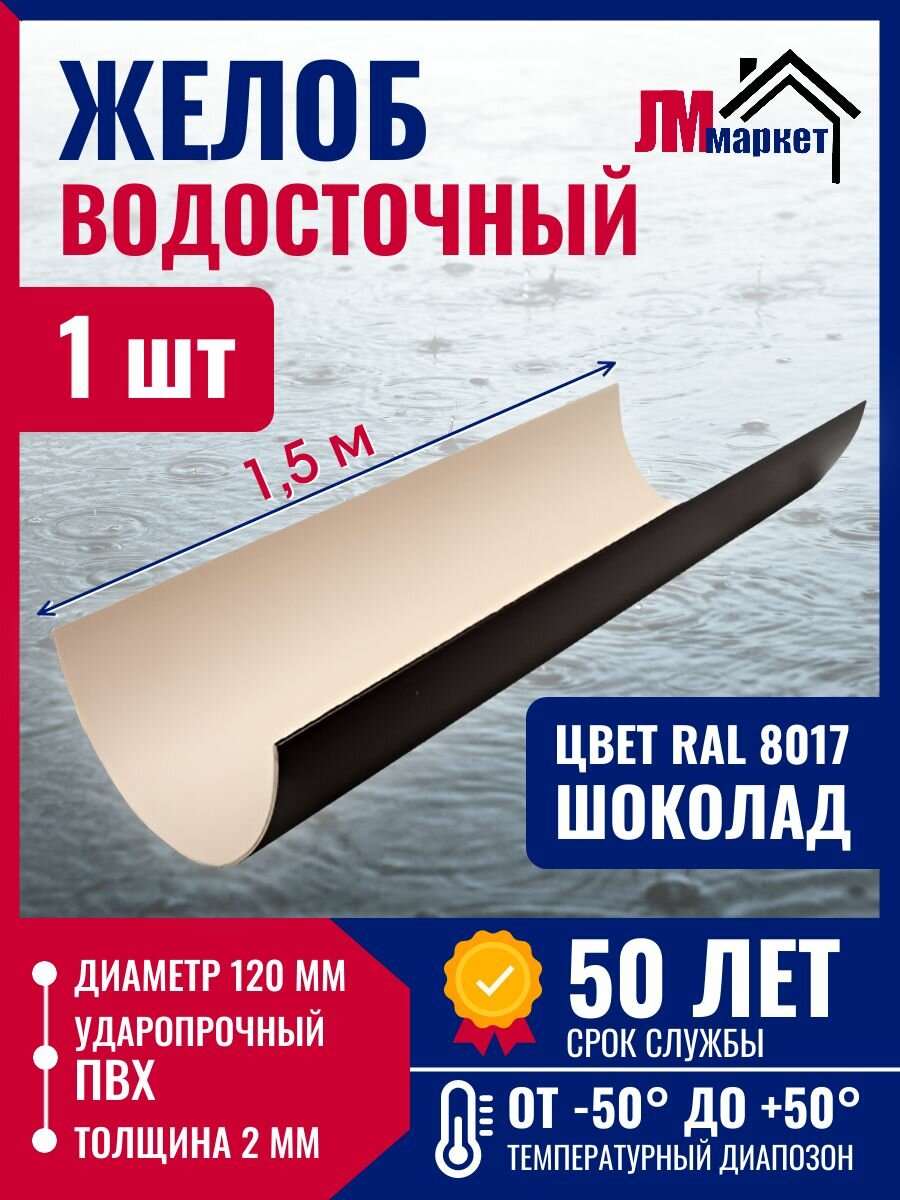 Желоб водосточный пластиковый, 1,5м (1,5м х 1 шт), цвет шоколад RAL 8017, сток воды с крыши, элемент водосточной системы
