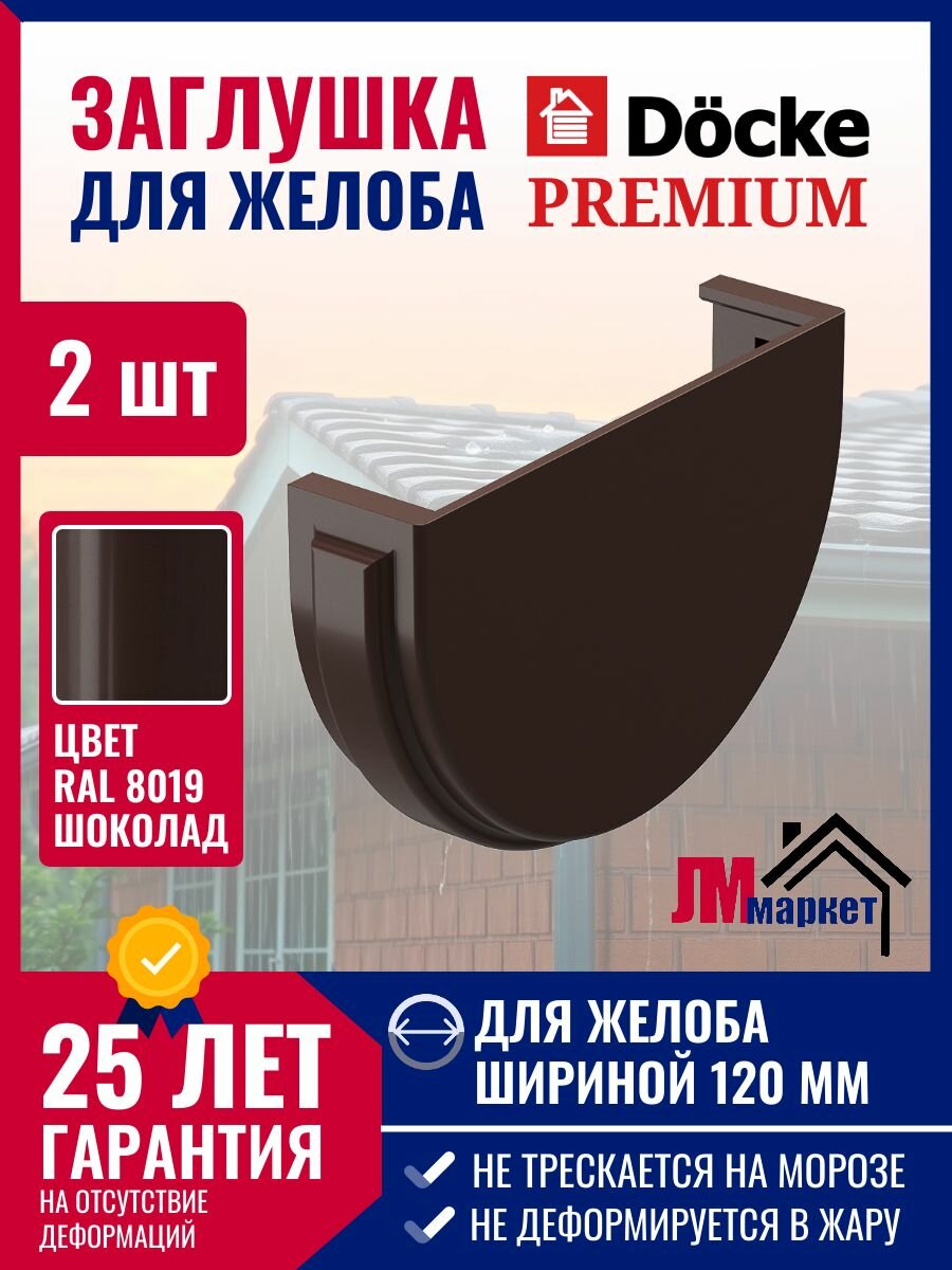 Заглушка желоба водосточного, Docke Premium, цвет шоколад, 2 шт.