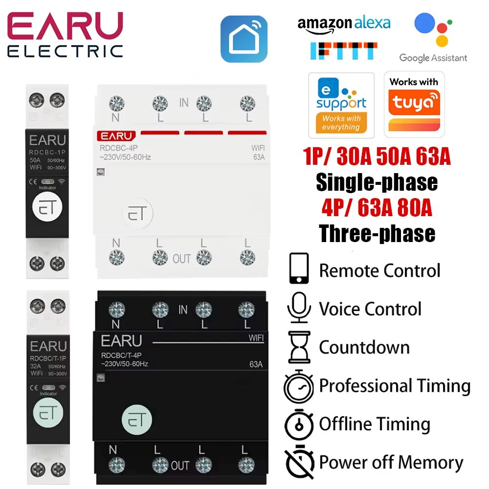 Tuya eWeLink WIFI умный автоматический выключатель 1P + N 4P MCB таймер реле переключатель голосовой пульт дистанционного управления Amazon Alexa Google Home умный дом