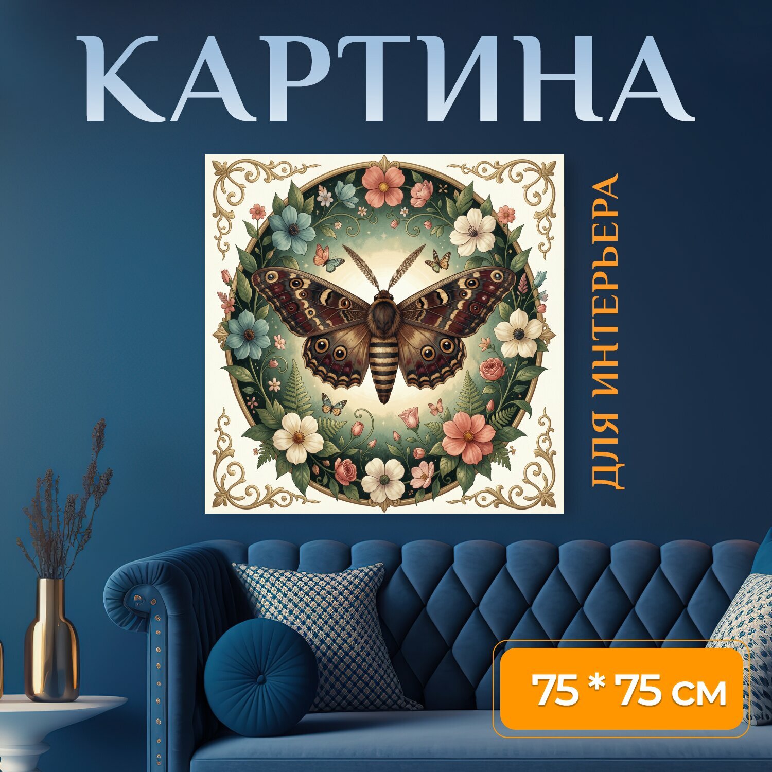 Картина на холсте "Бабочка среди цветов и бабочек. Декоративная композиция с крупной ночной бабочкой в центре, окружённой нежными цветами." на подрамнике 75х75 см. для интерьера