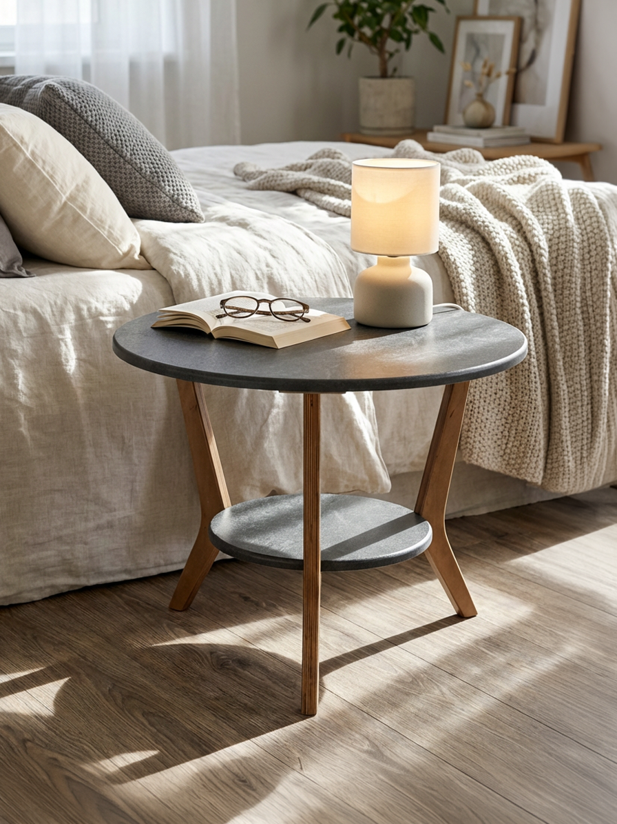 Столик журнальный Мебелик круглый с полкой BeautyStyle 13 серый бетон/бук