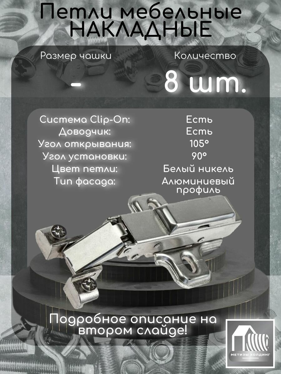 Петли для алюминиевого профиля, доводчик, система clip-on, белый никель, 8 шт.