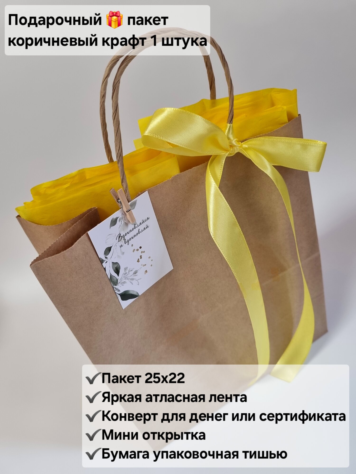 Подарочный пакет бумажный коричневый большой 22х12х25 с ручками, открыткой и конвертом для денег - 1 шт