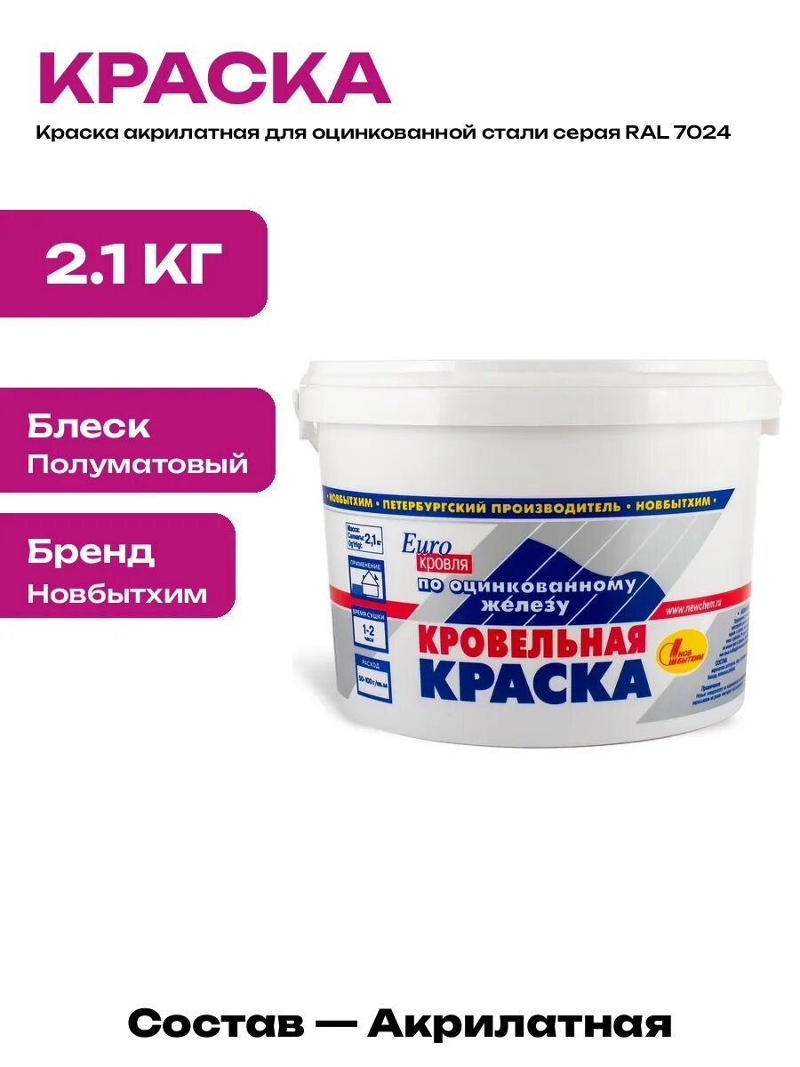 Краска водоразбавляемая для оцинковки серая RAL 7024 2.1 кг