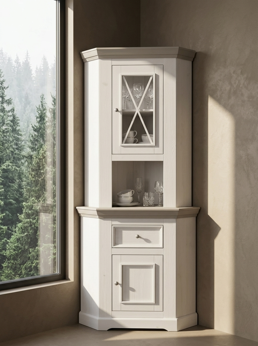 Буфет угловой Фламберже 100х213х68 см, покрытие: белый воск/антрацит