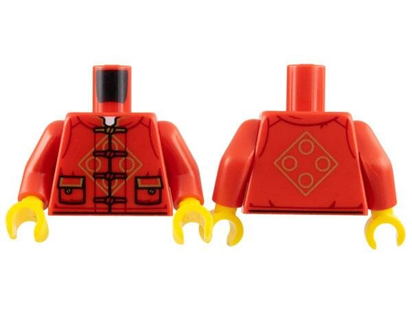Деталь Lego 973pb5021c01 Torso Tang Jacket with Laces, Gold Circles in Diamond, 2 Pockets Pattern / Red Arms / Yellow Hands