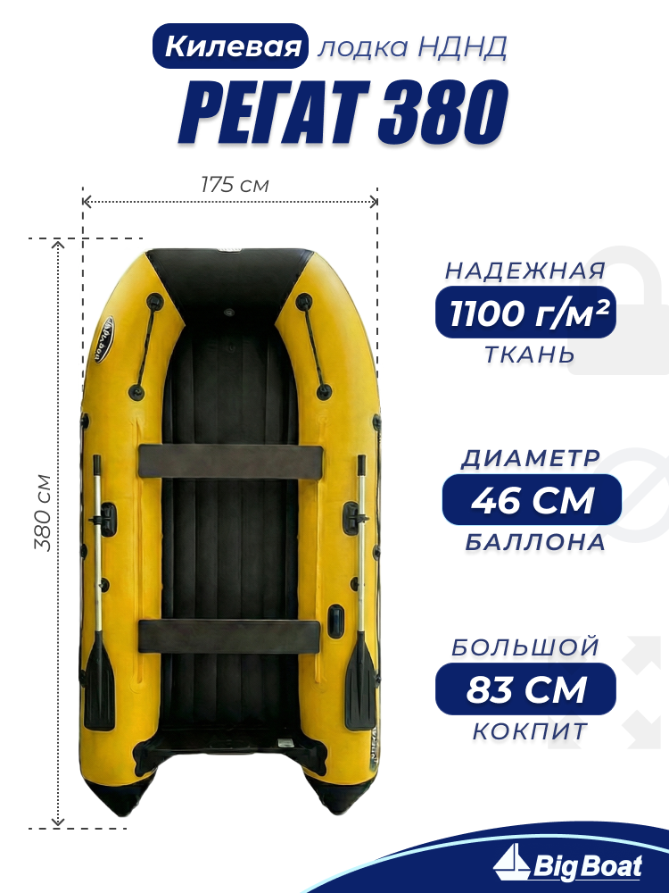 Надувная, под мотор, килевая лодка из ПВХ для рыбалки Regat (Регат) 380 НДНД