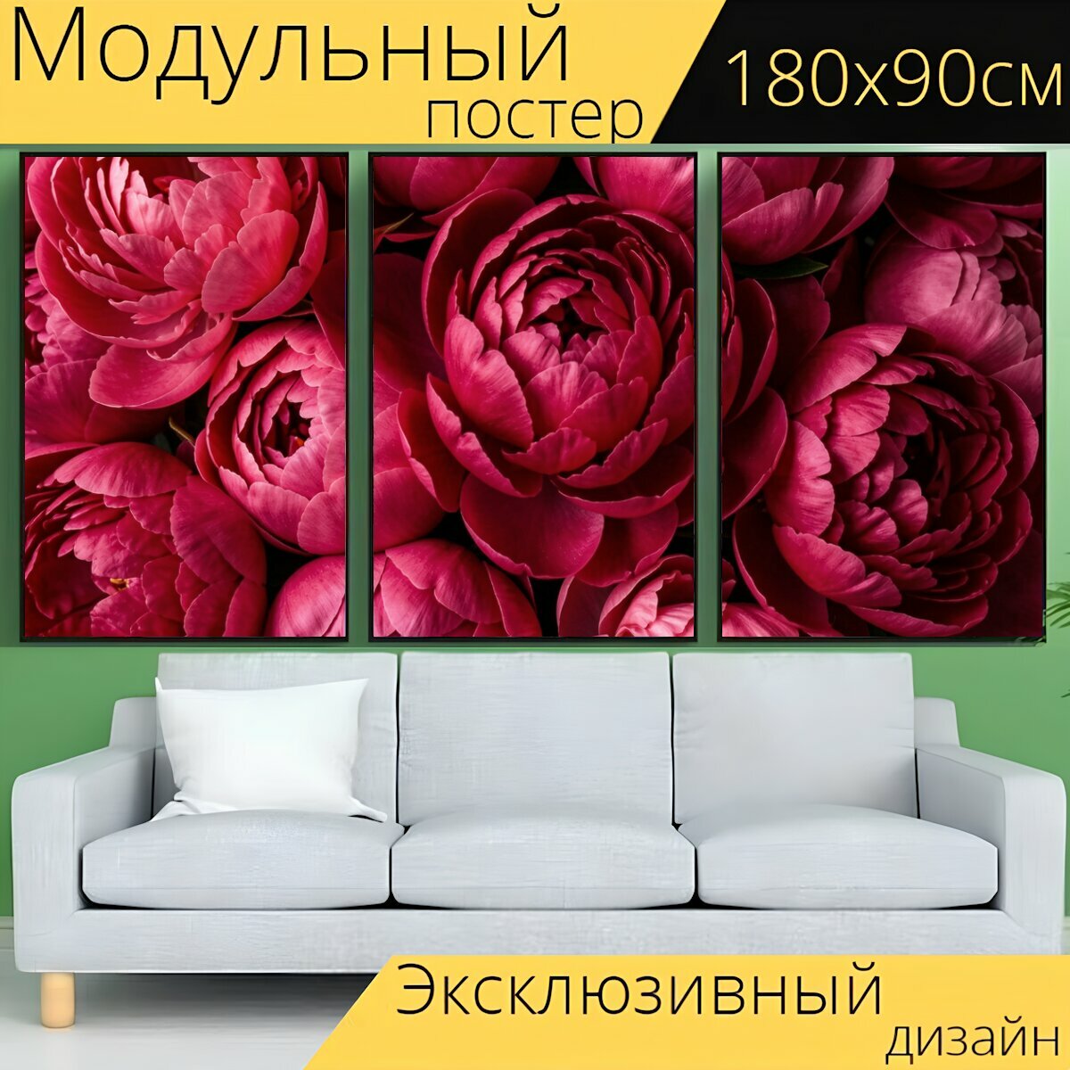 Модульный постер "Яркие розовые цветы крупным планом. Пышная цветочная композиция из густых бутонов в оттенках фуксии и малинового, с." 180 x 90 см. для интерьера на стену в тубусе