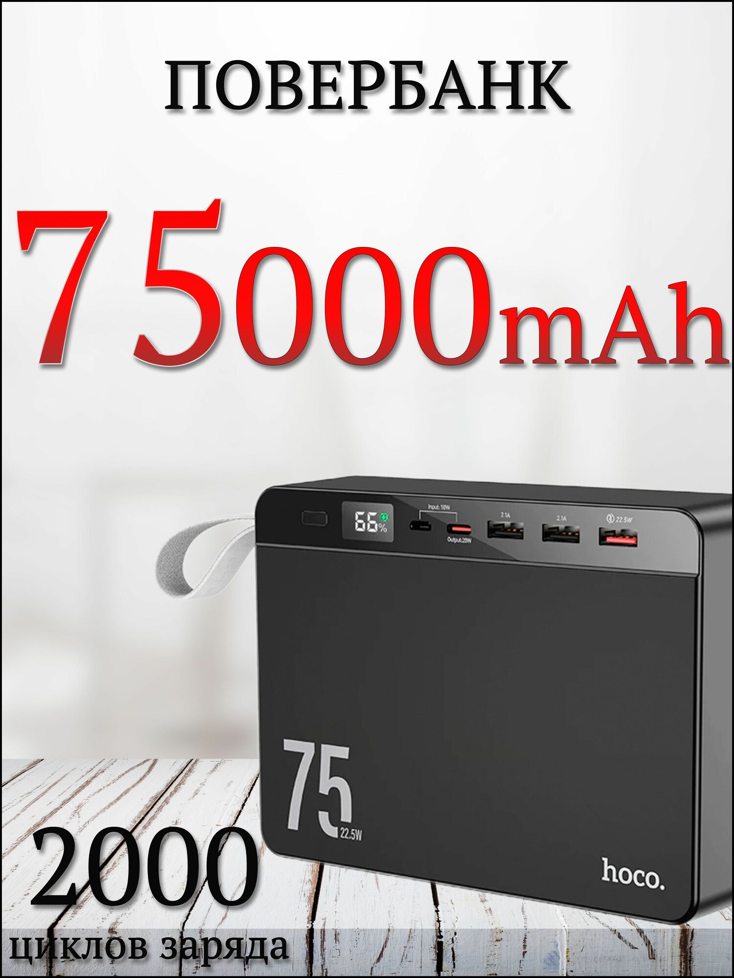Повербанк Легендарный Мощный внешний аккумулятор Хоко на 75000mah/ быстрая зарядка 22.5W / пауэрбанк Hoco