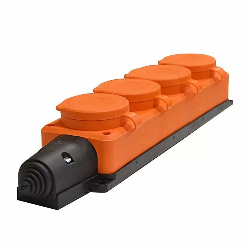 Колодка розеточная UNIVersal 3035 на 4 гнезда с заземлением, 16А, IP44, каучук, оранжевая для сборки удлинителя