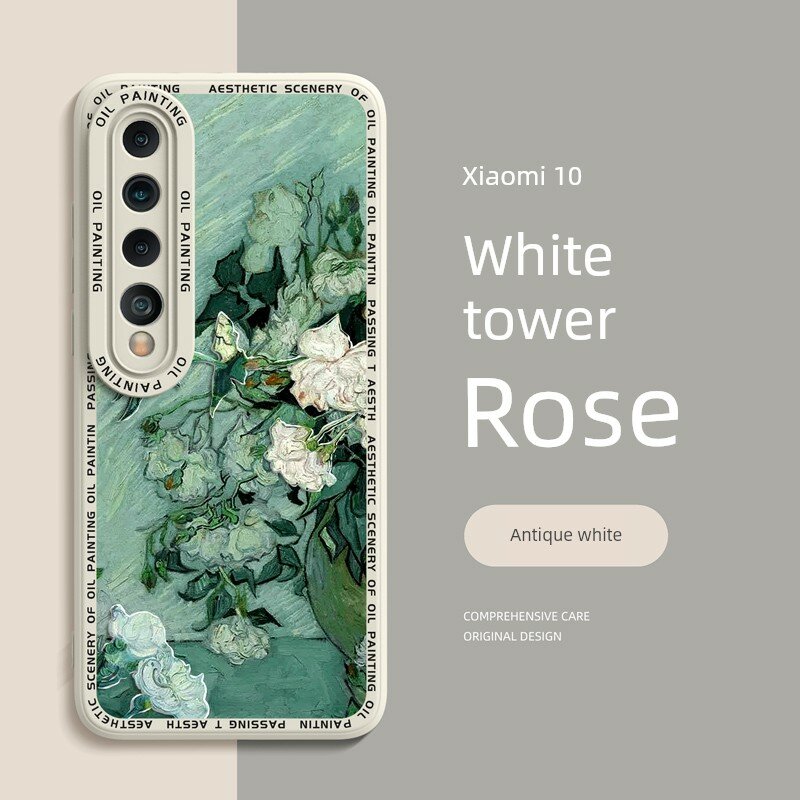 Чехол из жидкого силикона для Xiaomi 10 Pro с рисунком Ван Гога «Роза и белая башня» в античном белом